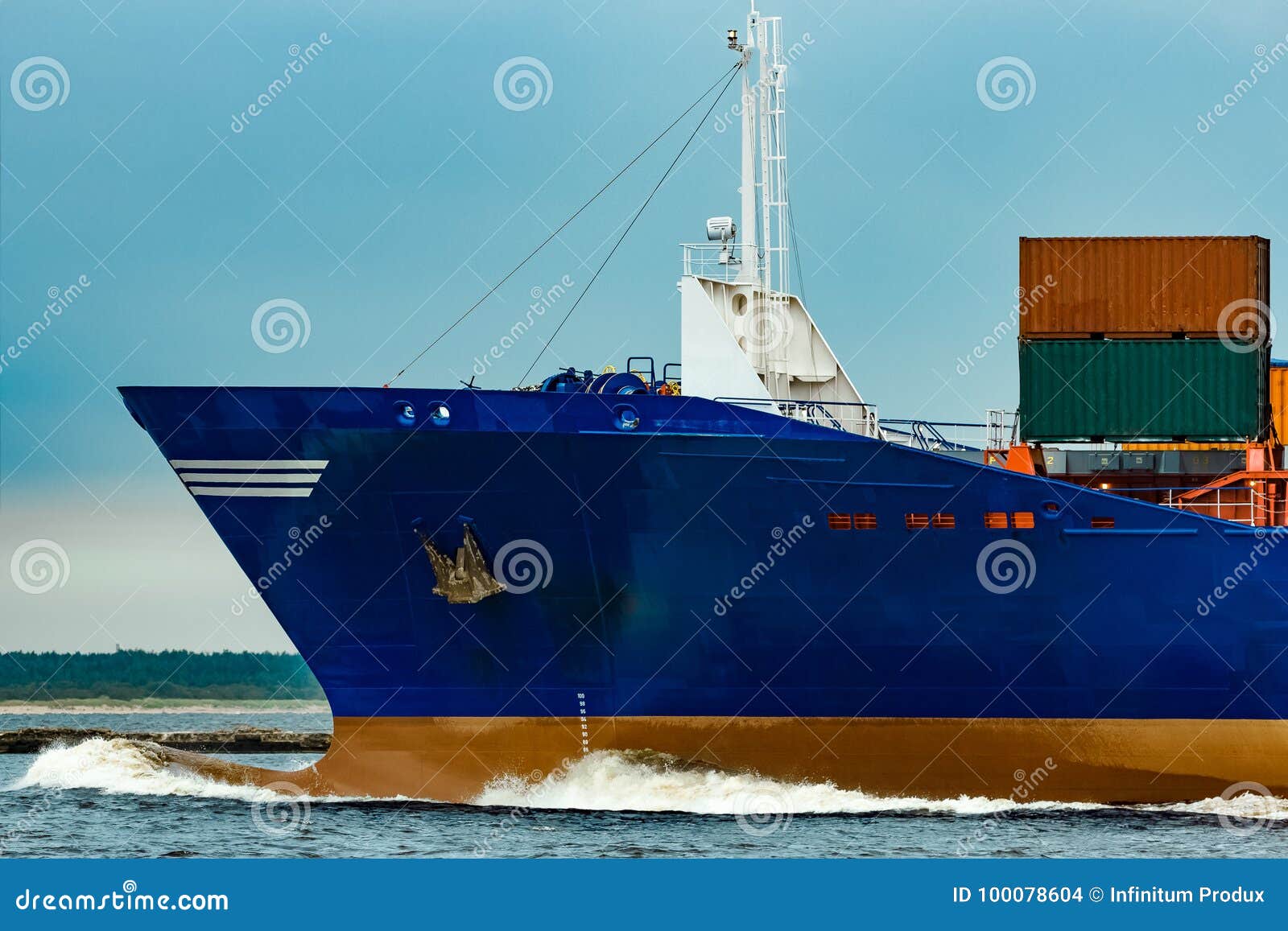 Blue container ship stock photo. Image of water, yellow - 100078604