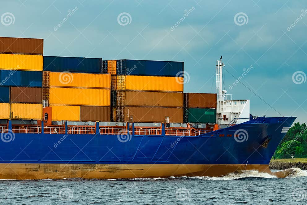Blue container ship stock image. Image of ship, sailing - 99716943