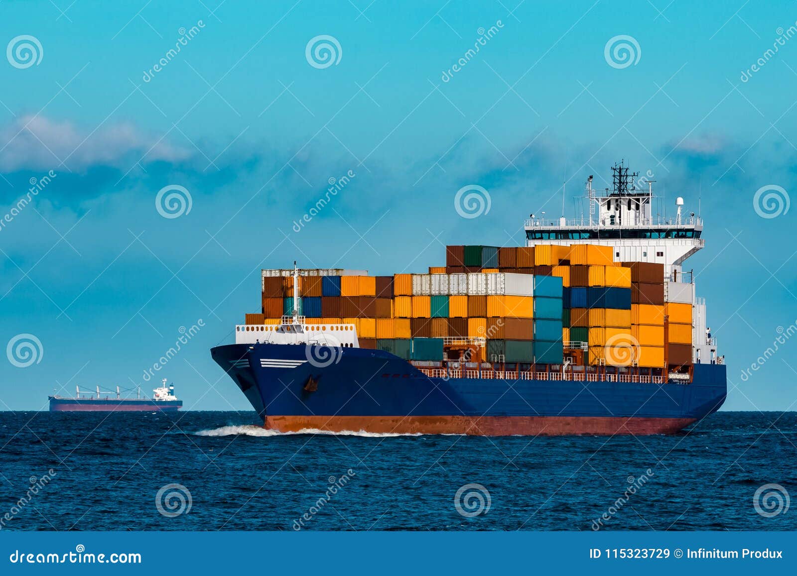 Blue Container Ship Underway Stock Image - Image of logistics, sailing ...