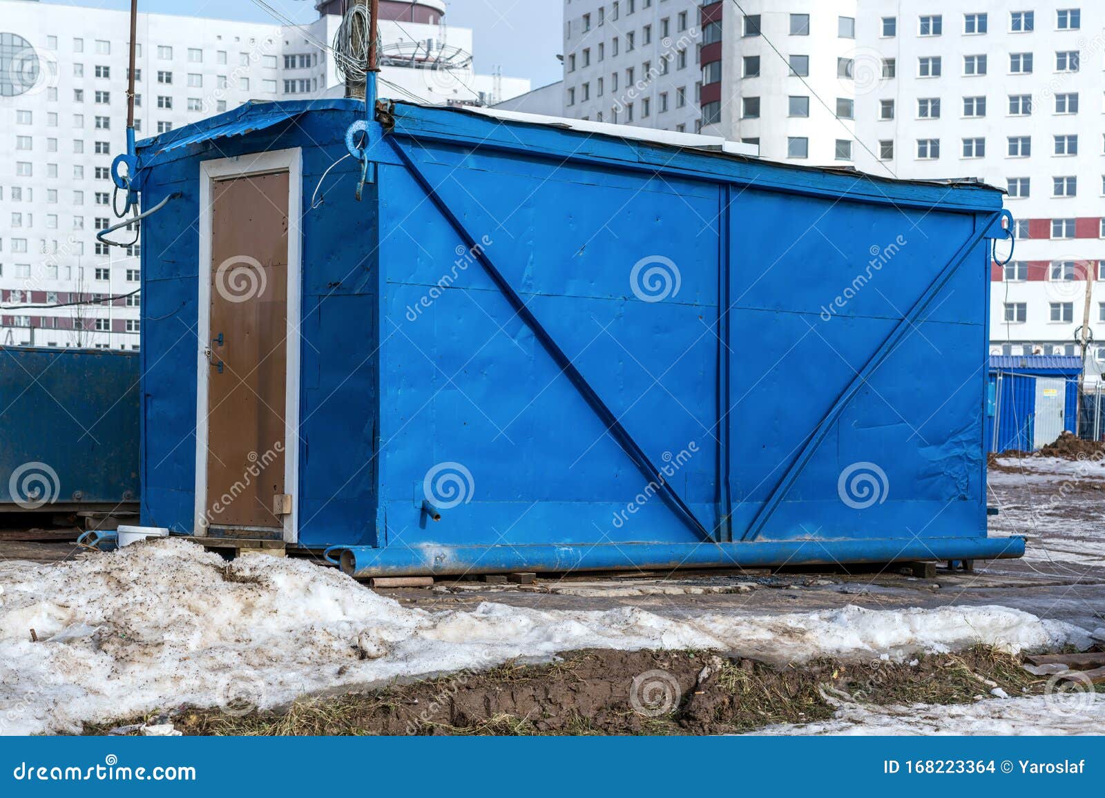 Blue Container for Temporary Stay of Builders Stock Photo - Image of ...