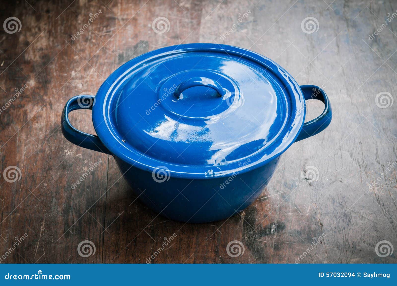 Blue of Cooking Pot on Wooden Stock Photo - Image of handle, steel ...