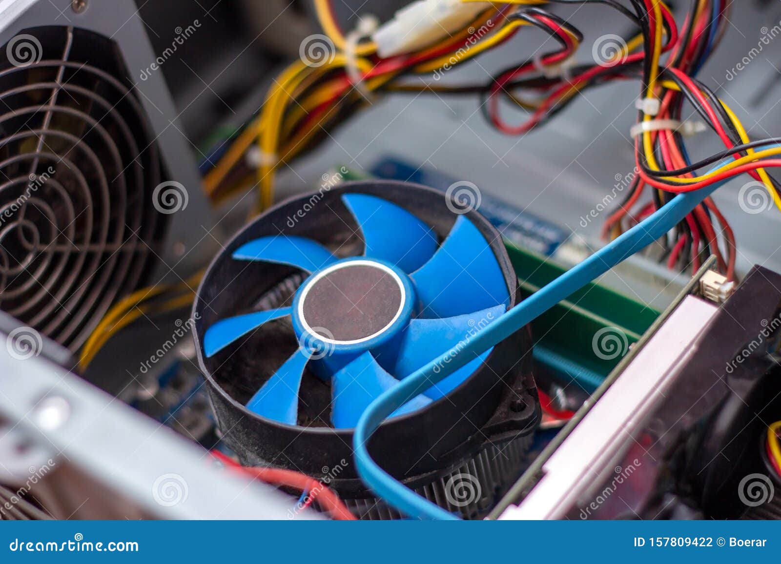 Blue Cpu Cooler Inside PC Case, Shiny Light Background Stock ...