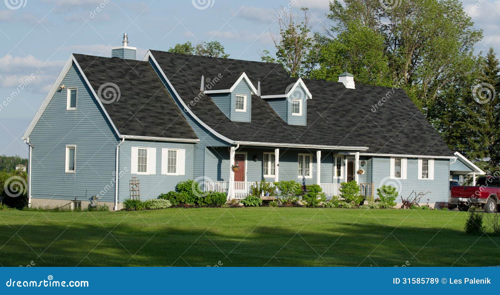 Blue country home stock image. Image of blue, yard, truck - 31585789
