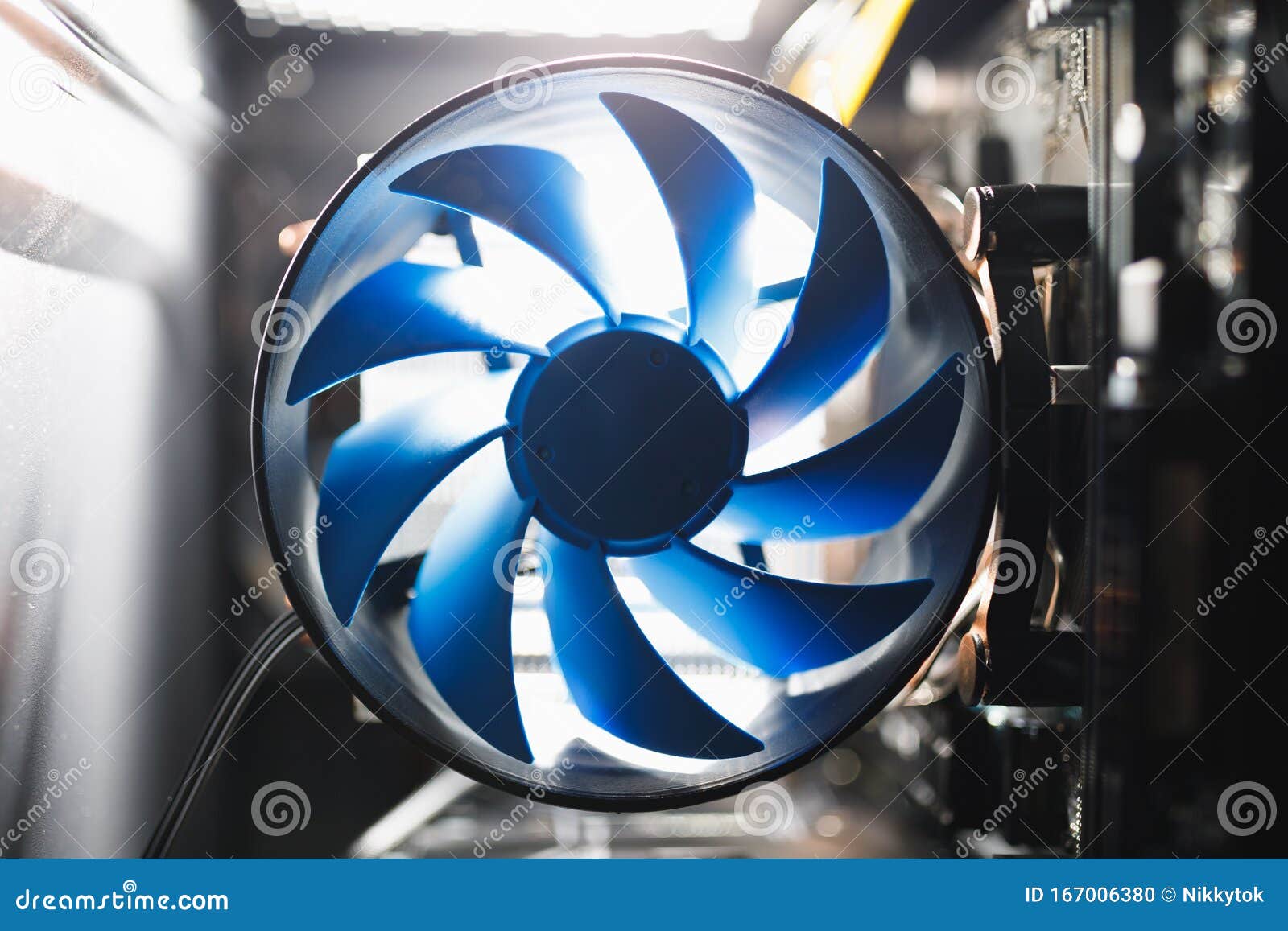 Blue Cpu Cooler Inside PC Case, Shiny Light Background Stock Photo ...