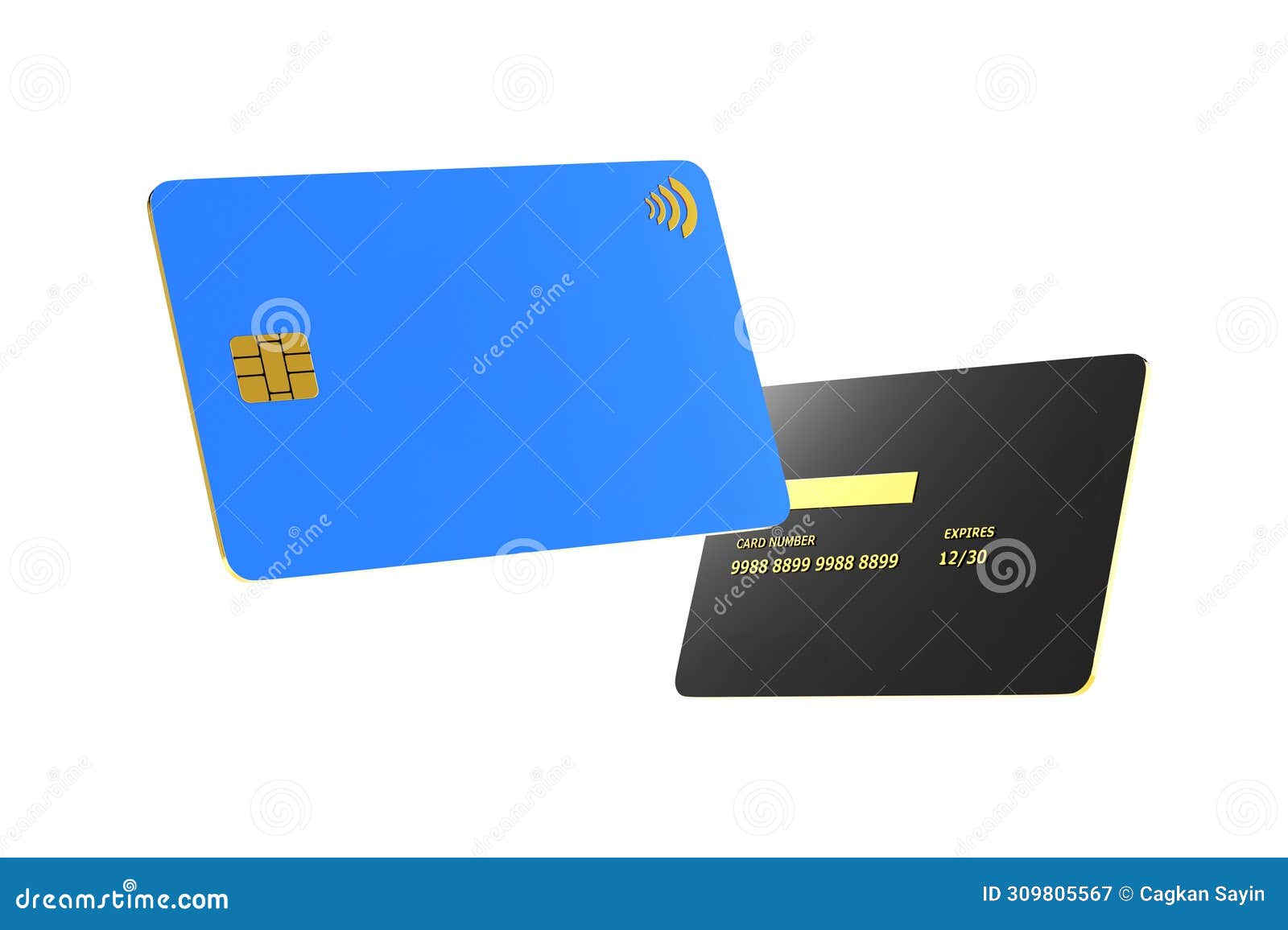 Blue Credit Card Front and Back Floating on Isolated White Background ...