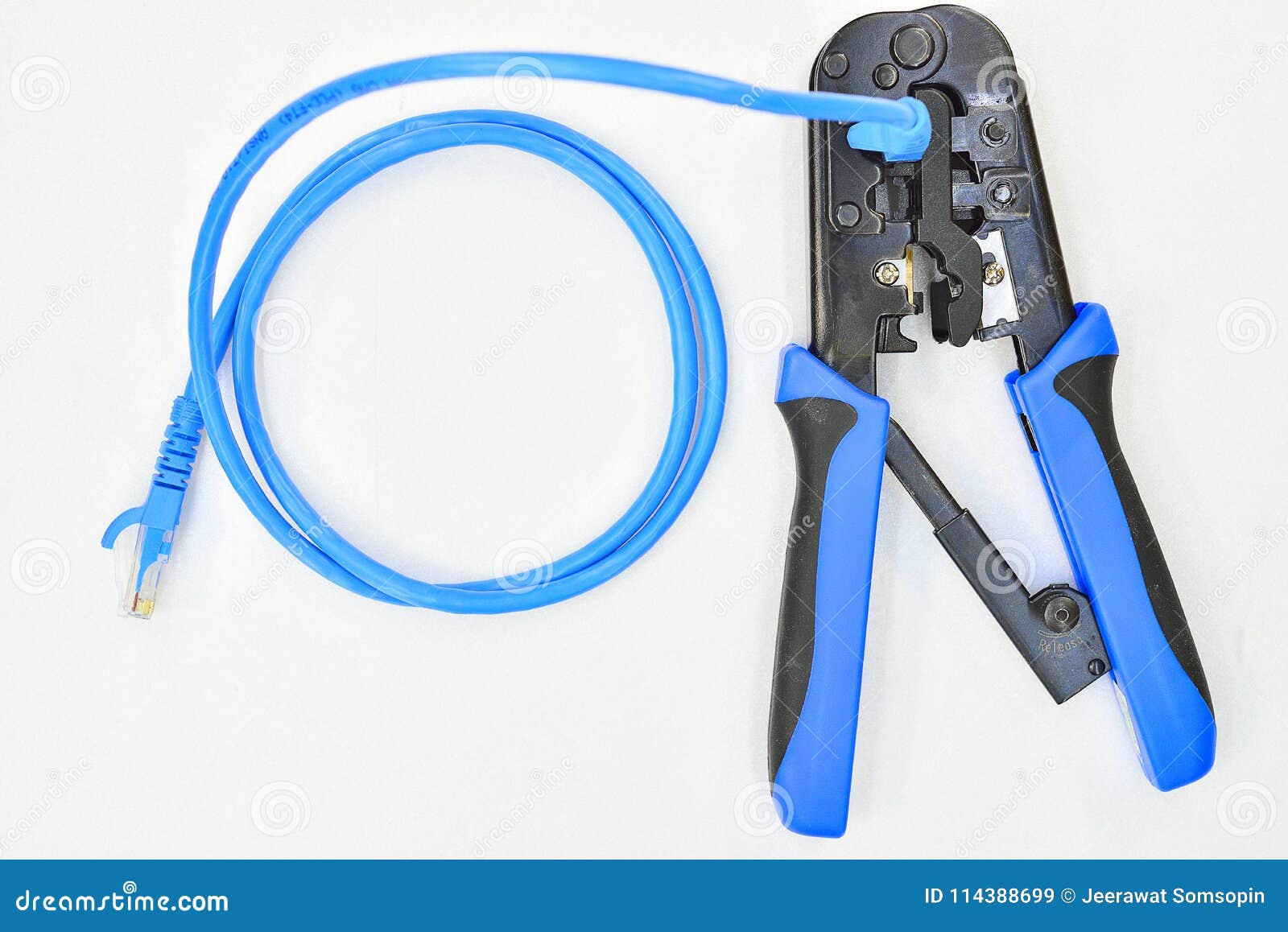 Blue Crimping Tool with a Computer Network Cable Stock Image - Image of ...