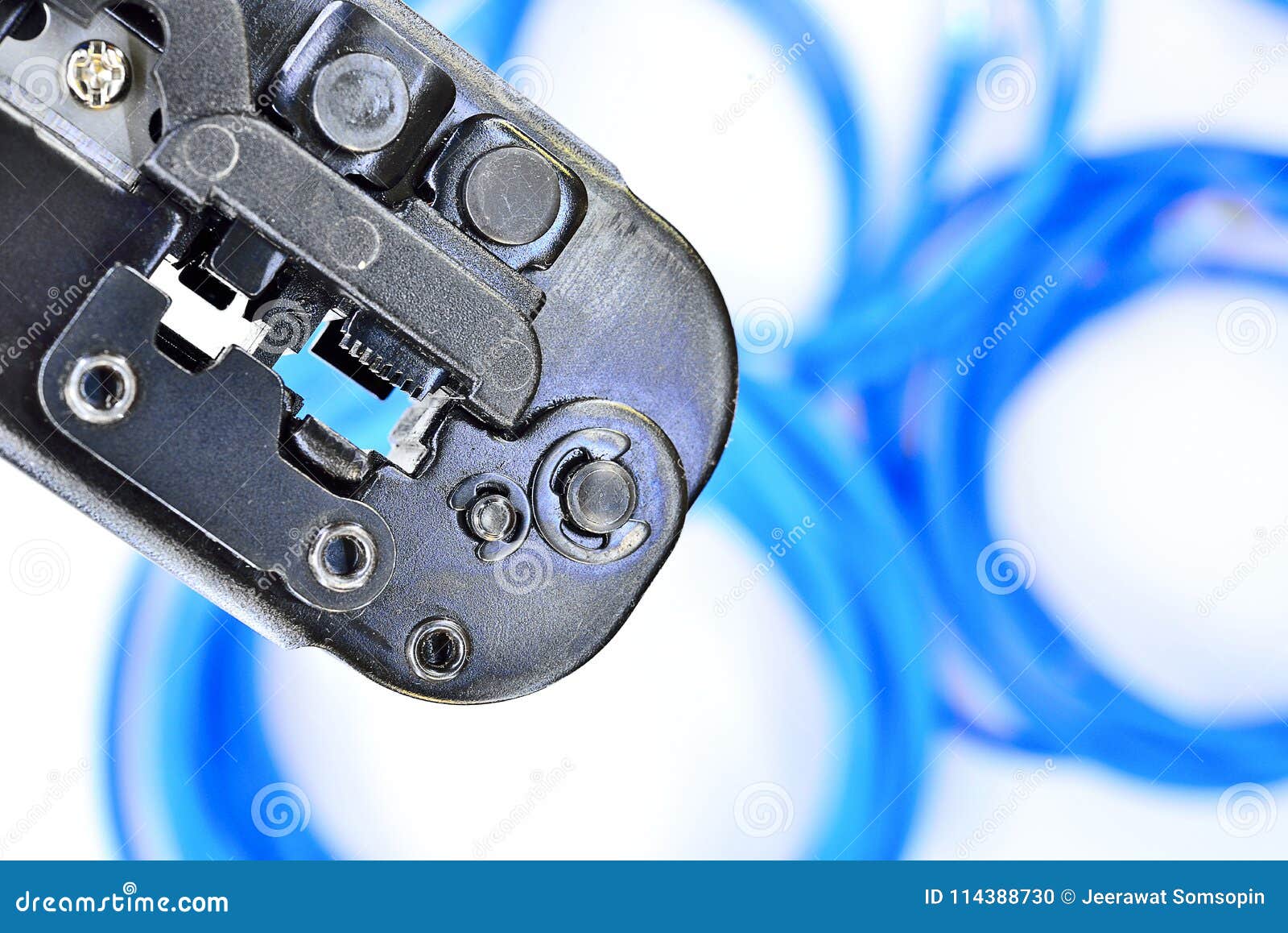 Blue Crimping Tool With A Computer Network Cable Stock Photo ...