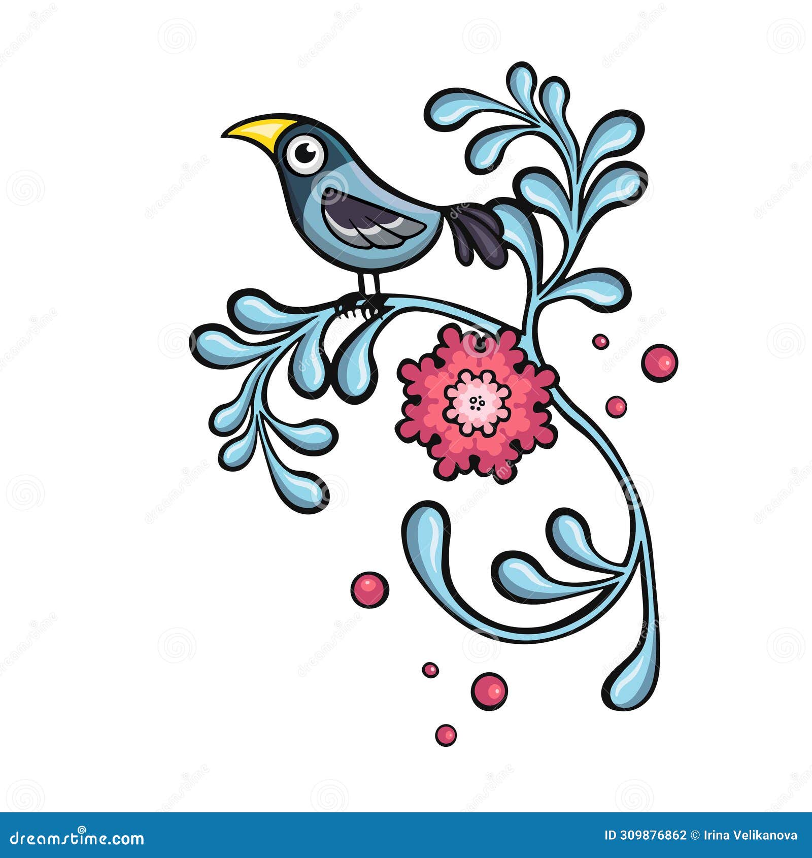 Blue Crow Ethno Bird Cartoon, Hand Drawn Vector Illustration Stock ...
