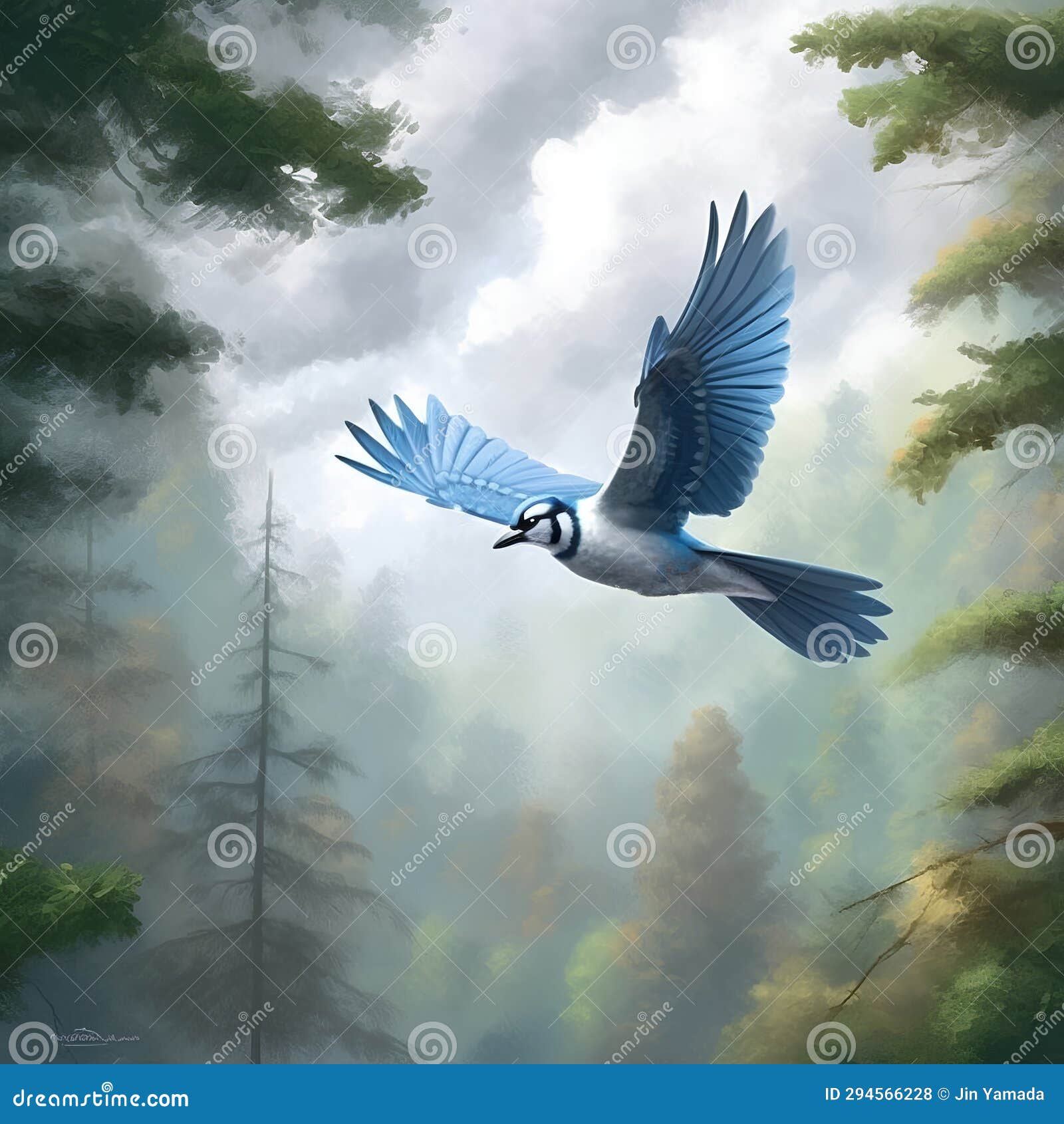 Blue Crow Flying in the Forest. Digital Painting. Vector Illustration ...