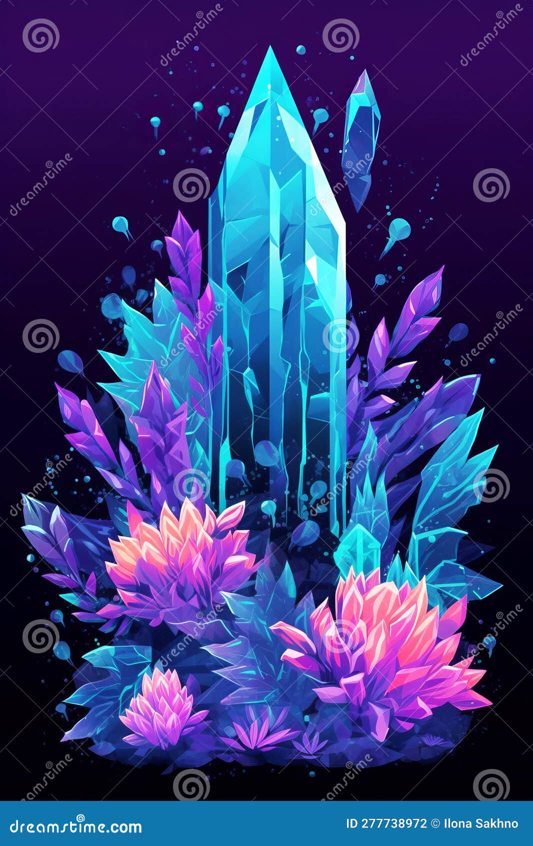 Blue Crystal and Flowers in Neon Light Stock Illustration ...
