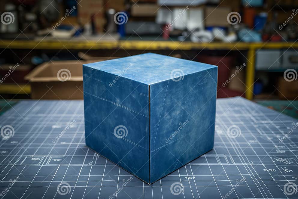 Blue Cube on Architectural Blueprint Stock Image - Image of design ...