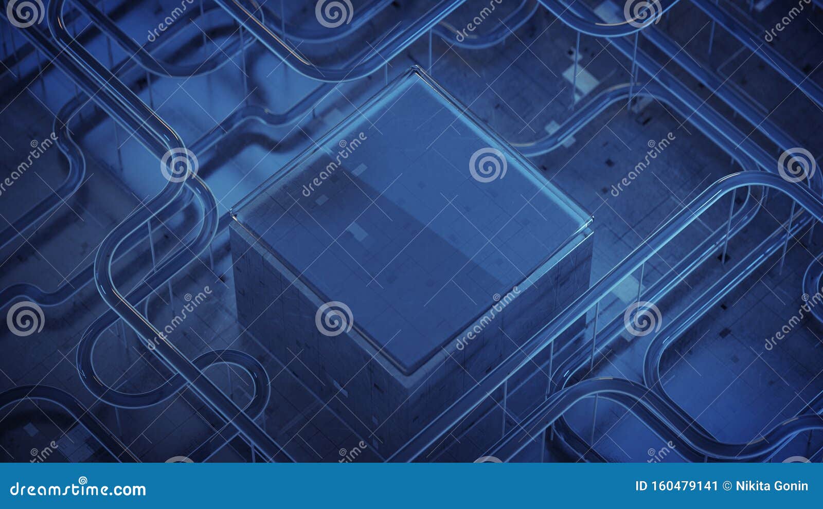 Blue Cube and Netowrk of Specular Tubes 3D Render Stock Illustration ... Blue Cube and Netowrk of Specular Tubes 3D Render Stock Illustration ...