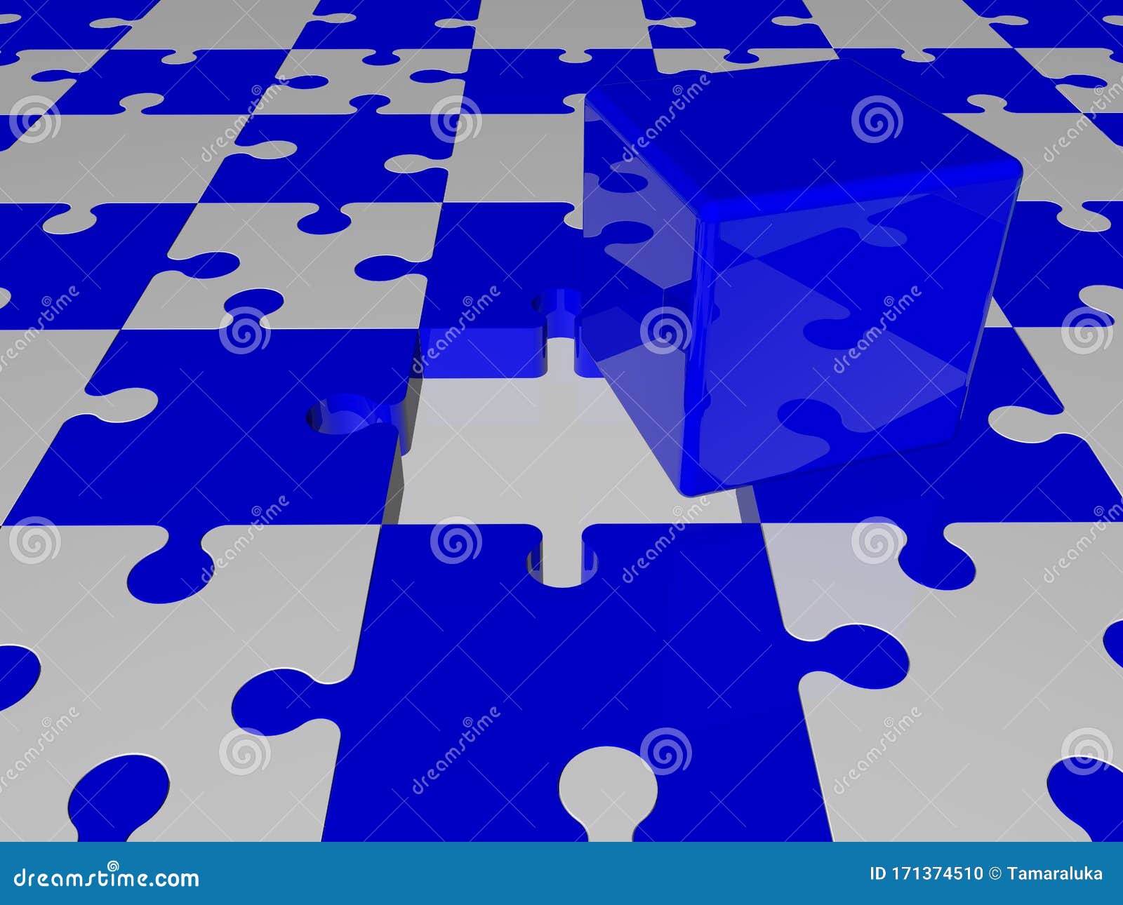 Blue cube on puzzle pieces stock illustration. Illustration of isolated ...