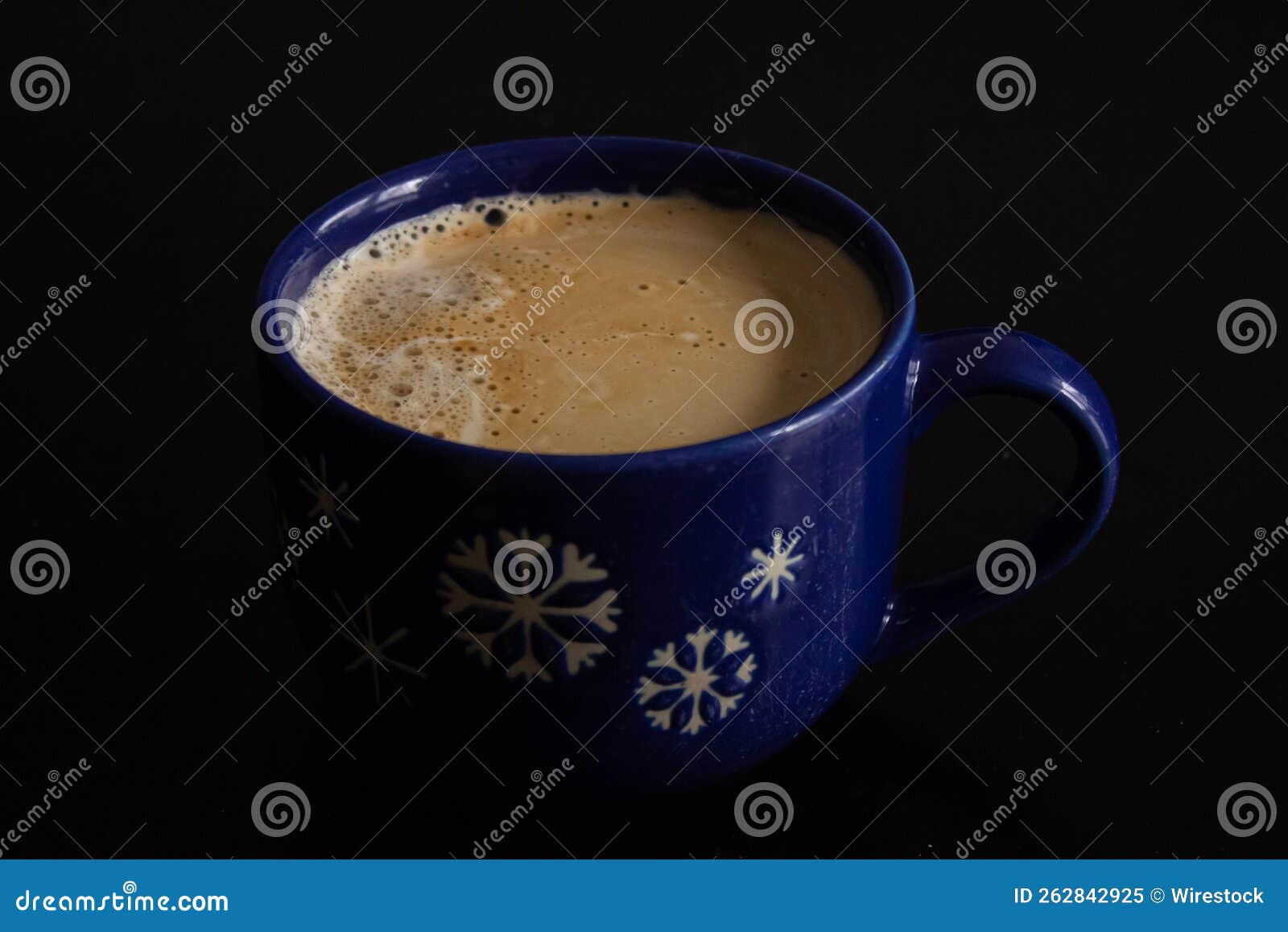 Blue Cup with Snow Patterns with a Cappuccino Coffee with Milk Isolated ...