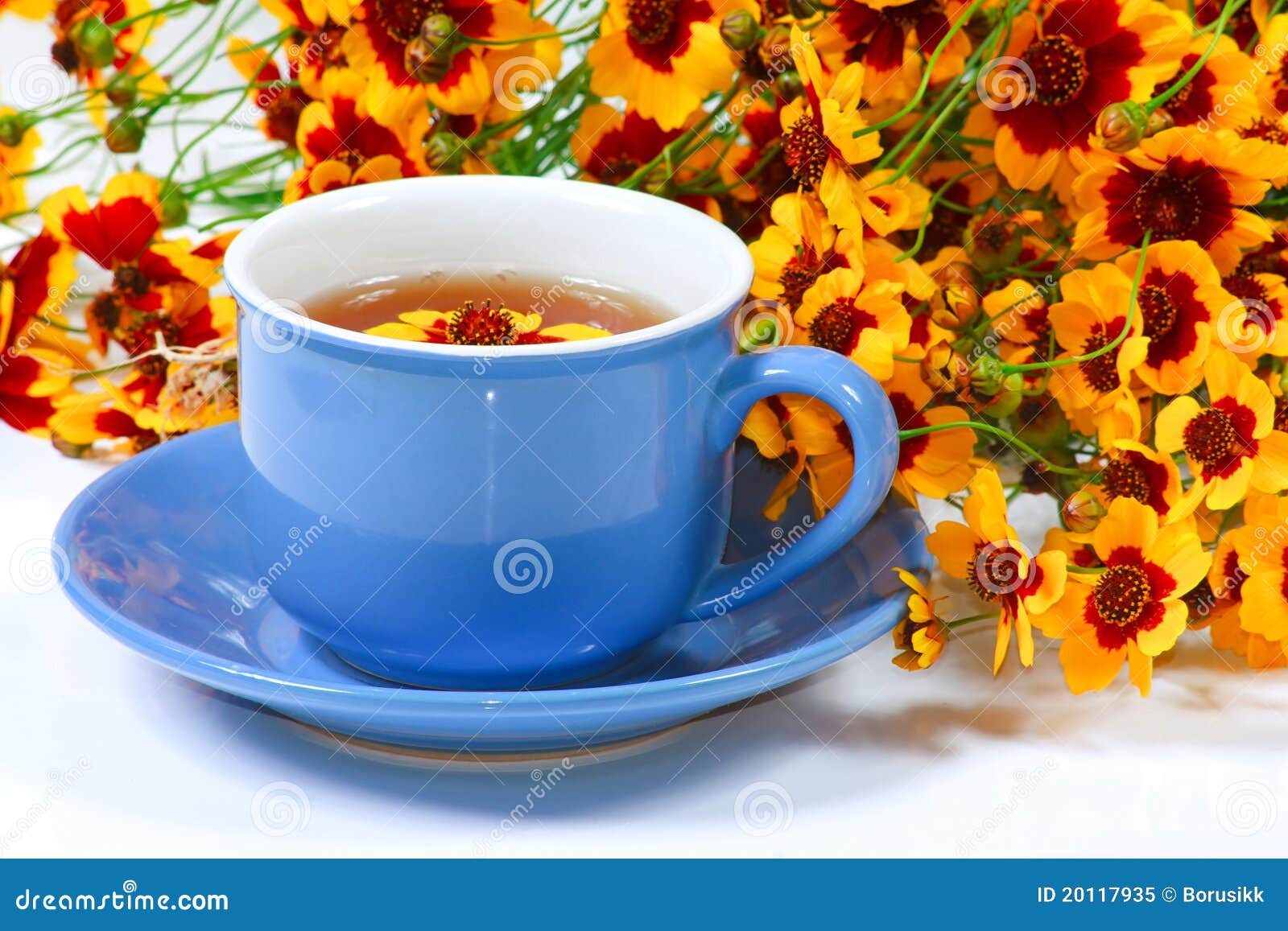 Blue Cup of Tea with Flowers Stock Image - Image of flowers, closeup ...