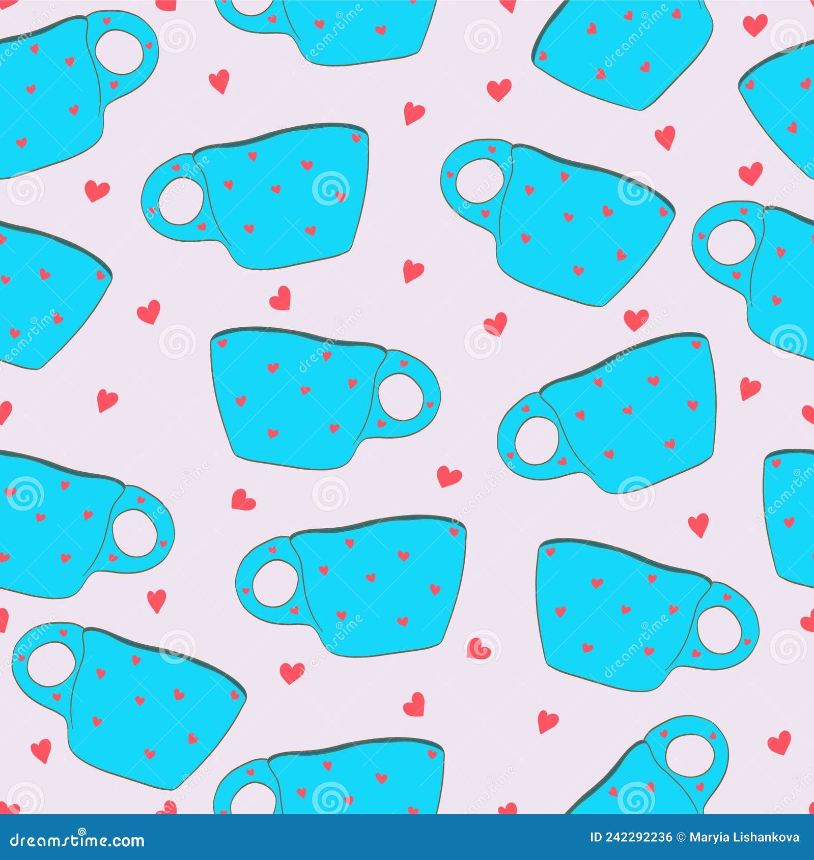 Blue Cups Seamless Pattern. Cups with Hearts Stock Vector ...