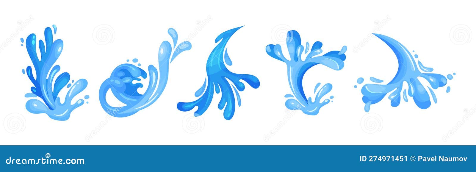 Blue Curved Water Splashes with Drops Vector Set Stock Illustration ...