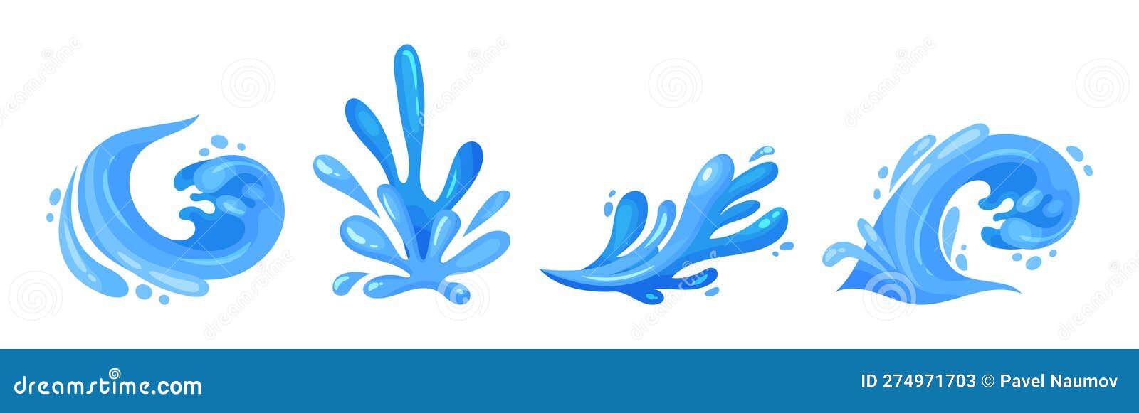 Blue Curved Water Splashes with Drops Vector Set Stock Vector ...