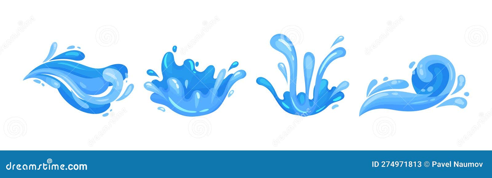Blue Curved Water Splashes with Drops Vector Set Stock Vector ...