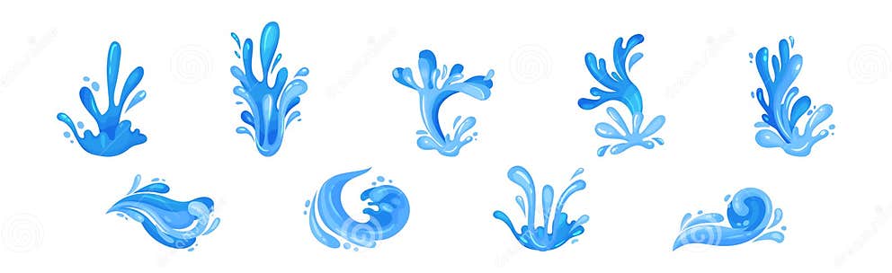 Blue Curved Water Splashes with Drops Vector Set Stock Vector ...