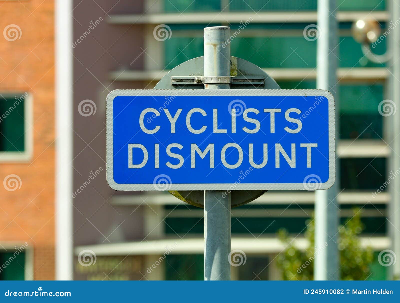 Blue Cyclists Dismount Sign Stock Photo - Image of sign, cycling: 245910082