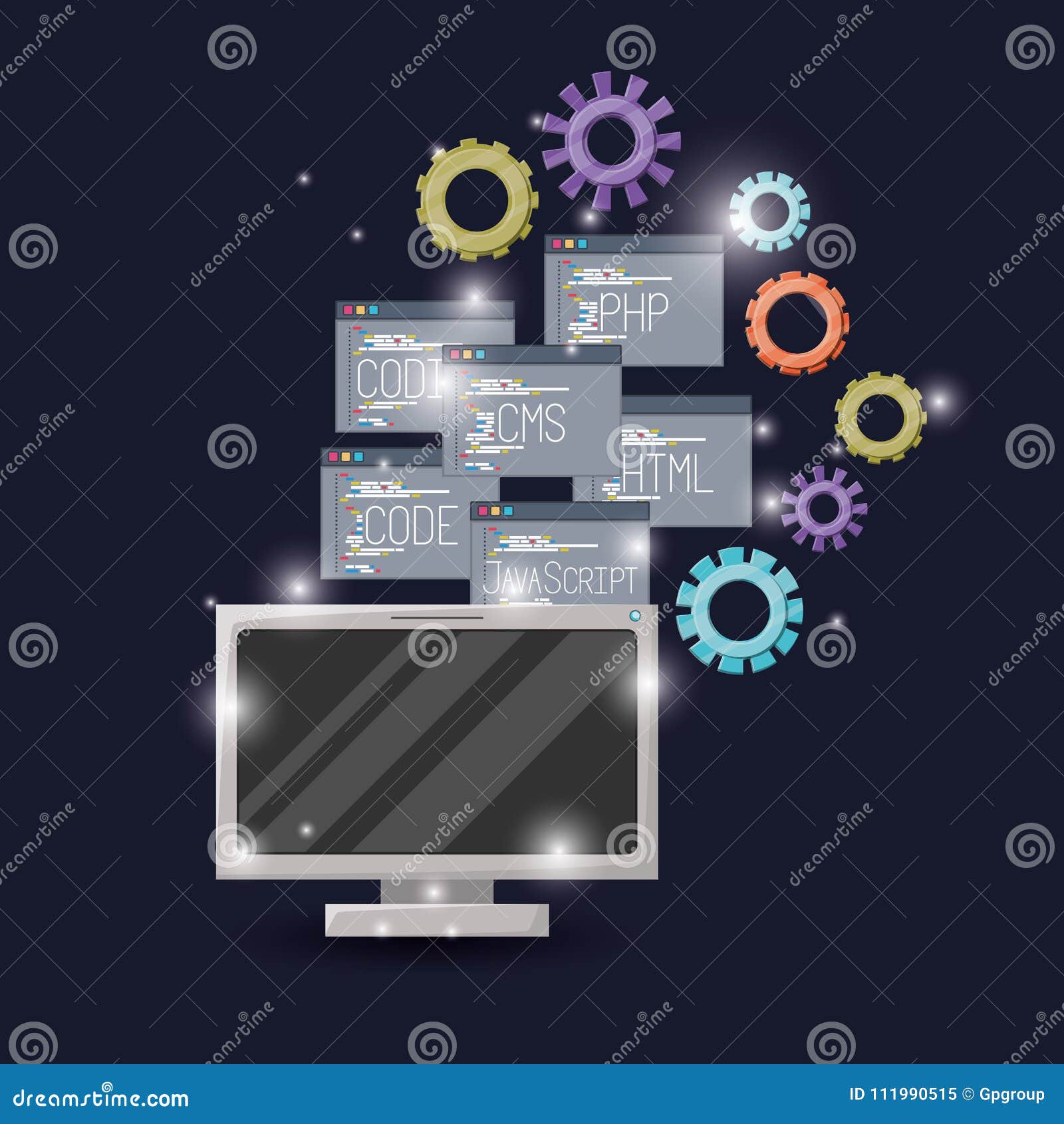 Blue Dark Background with Brightness of Display Computer and Gears Mechanism with Set Program ...