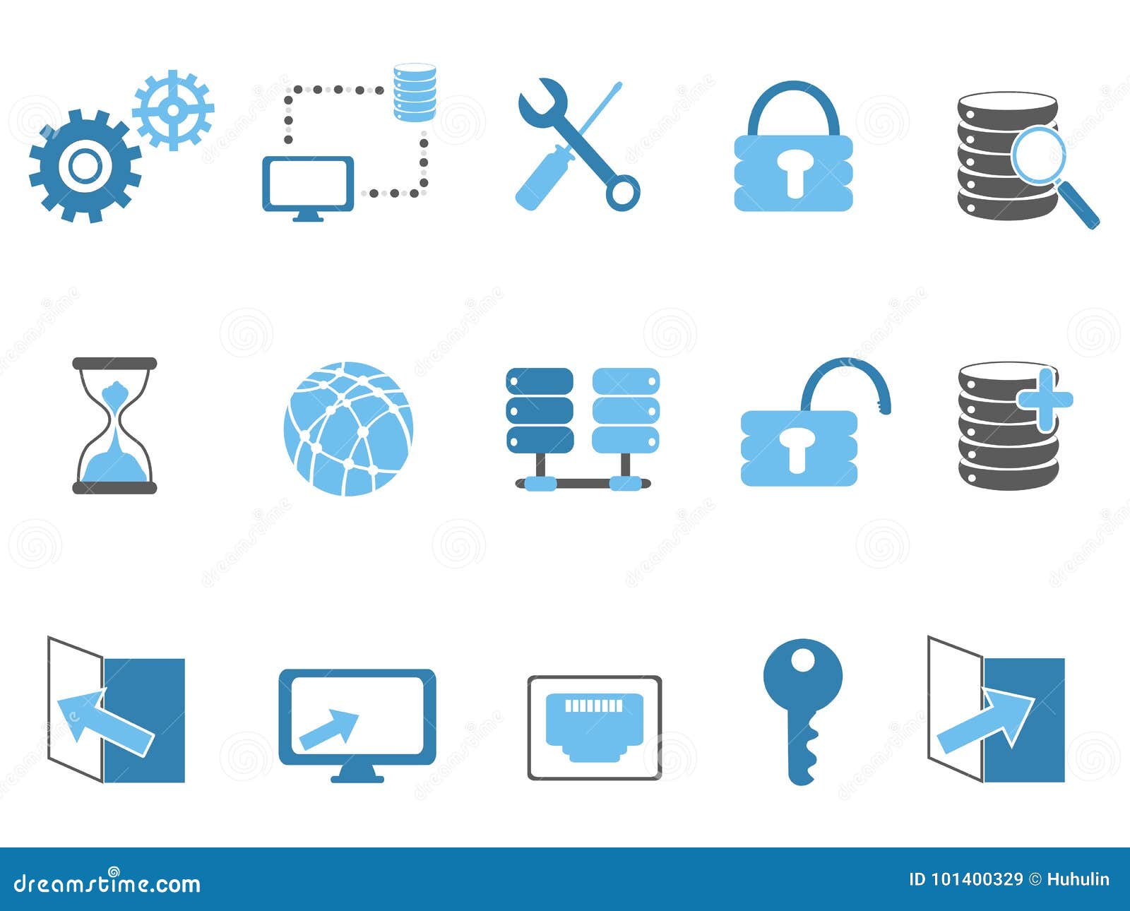Blue Database Technology Icons Set Stock Vector - Illustration of exit ...