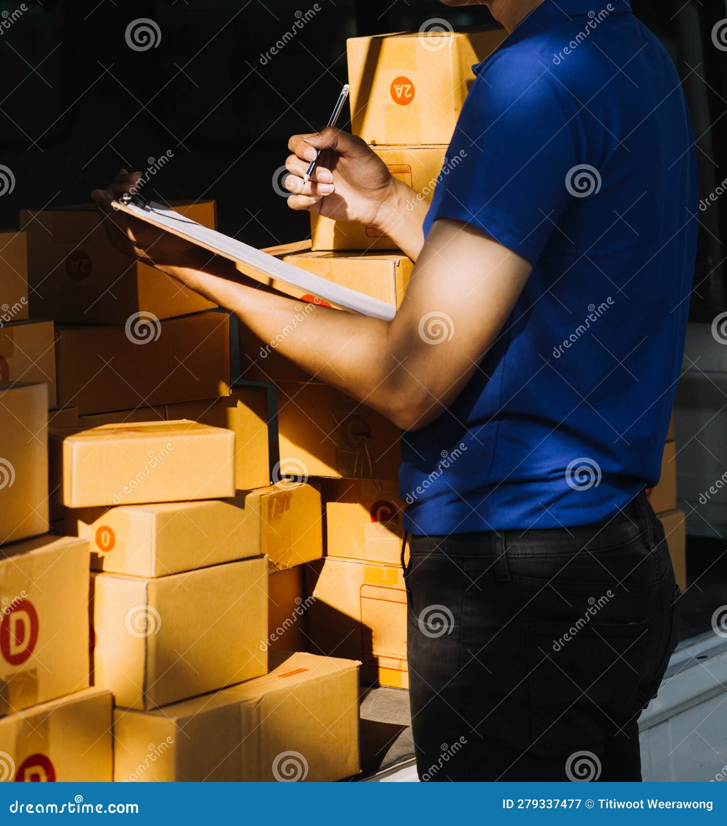 Blue Delivery Men Unloading Package from Truck with Face Mask Stock ...