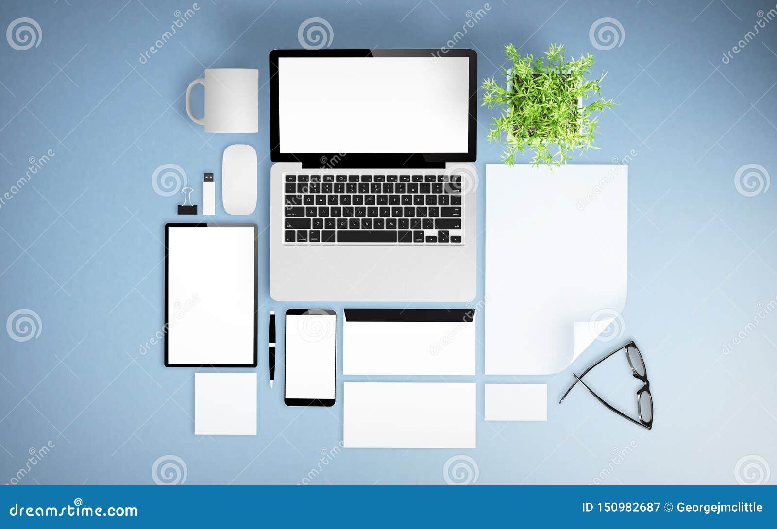 Blue Desktop with Office Stuff Stock Illustration - Illustration of ...