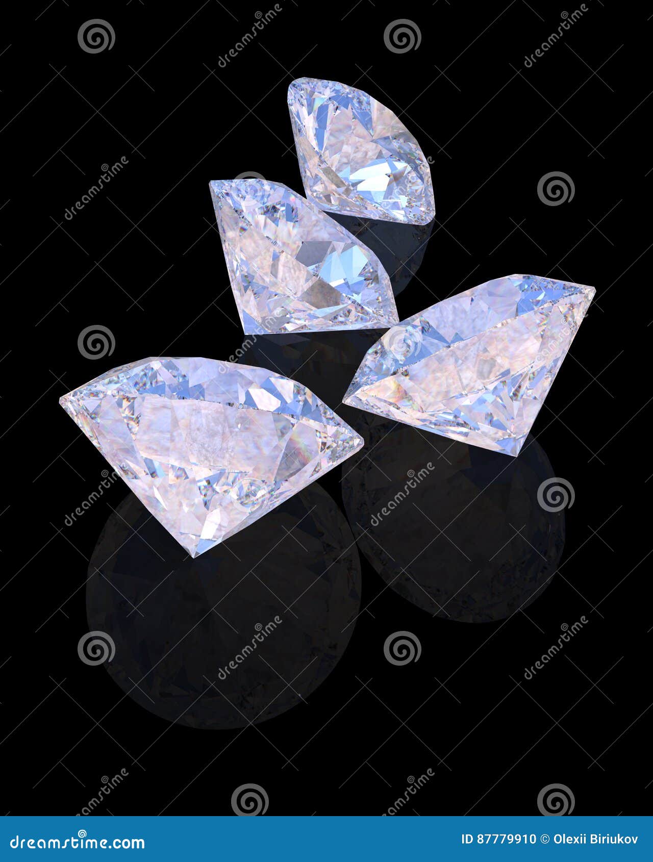 Blue Diamonds with Reflection on Black Background 3D Rendering Model ...