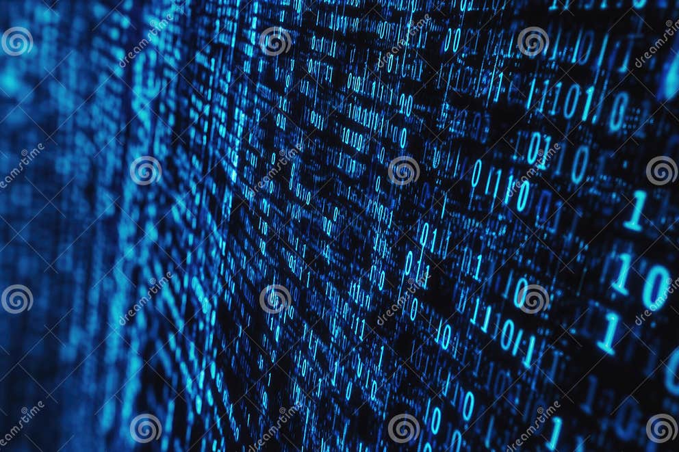 Blue Digital Binary Code Streaming on a Computer Screen, Creating a Futuristic and High-tech ...