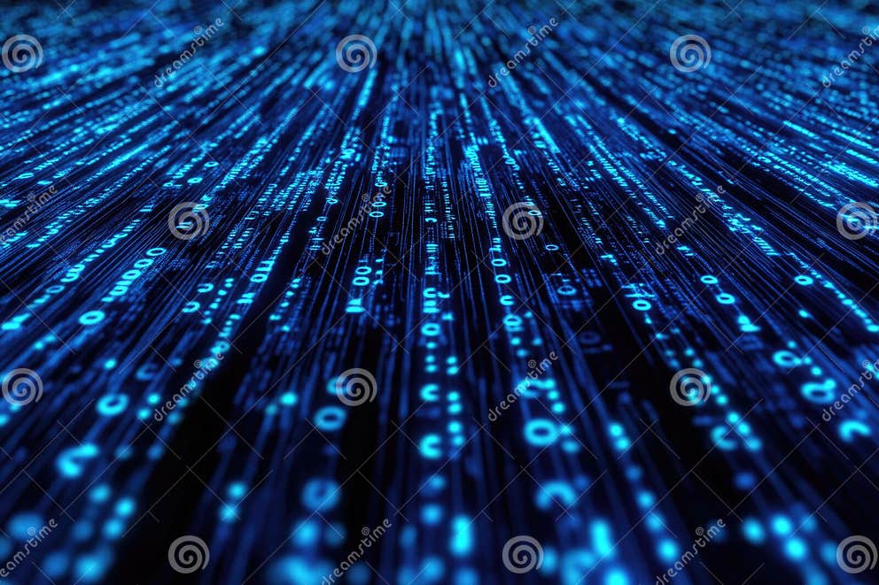 Blue Digital Binary Code Streaming on a Computer Screen, Creating a Futuristic and High-tech ...
