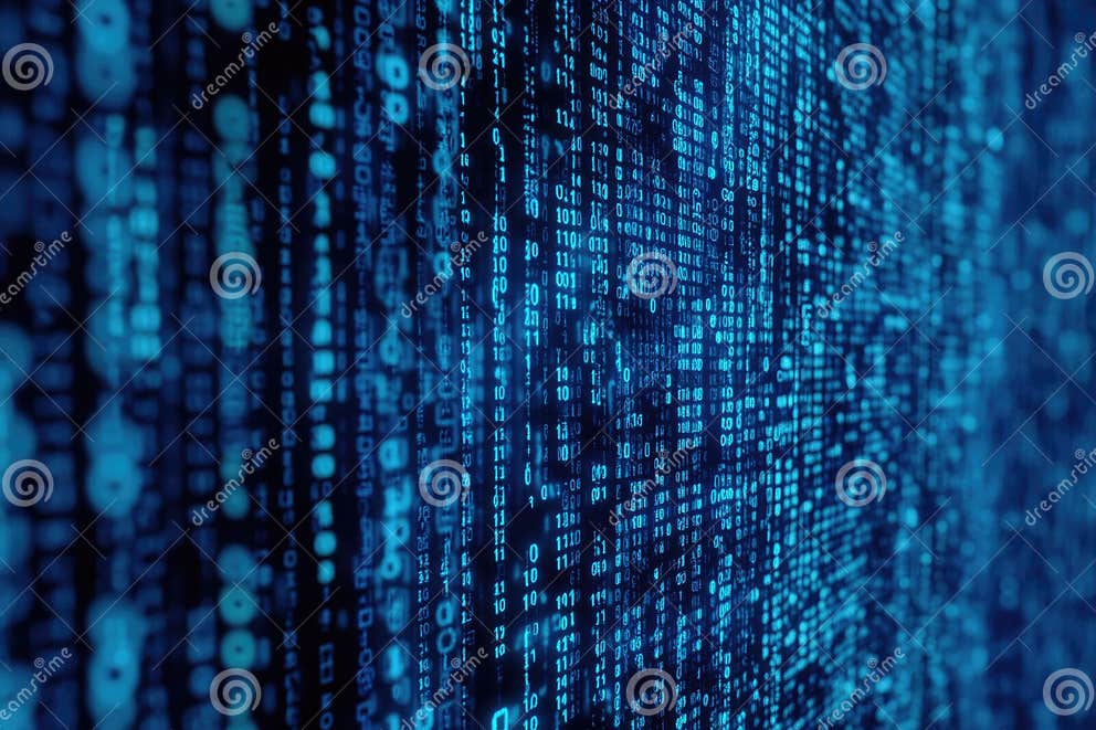 Blue Digital Binary Code Streaming on a Computer Screen, Creating a Futuristic and High-tech ...