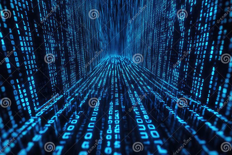 Blue Digital Binary Code Streaming on a Computer Screen, Creating a Futuristic and High-tech ...