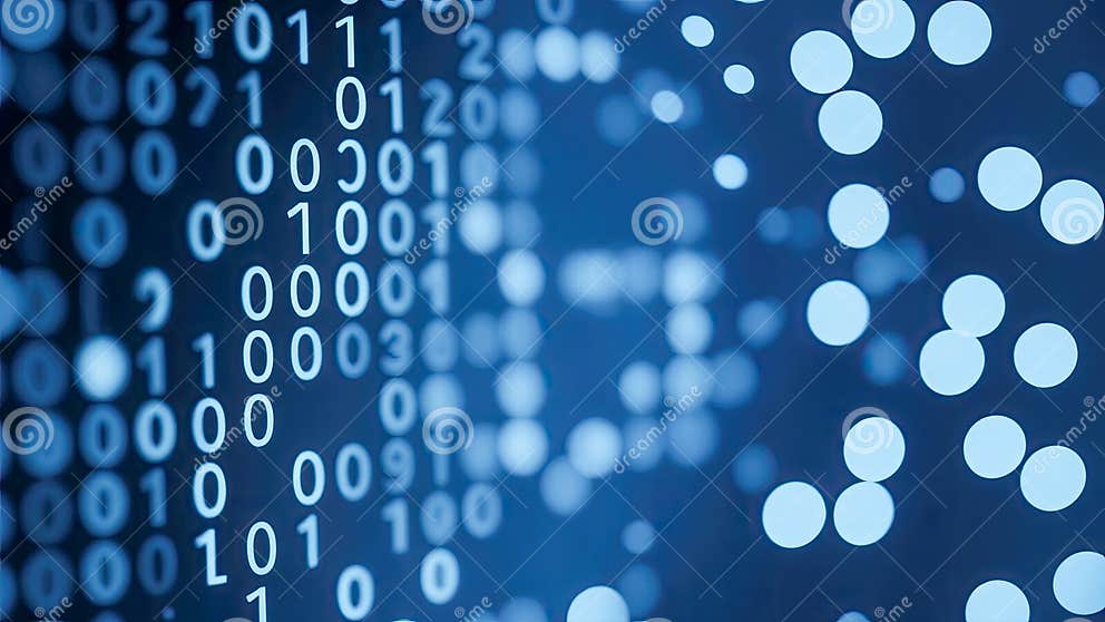 Blue Digital Binary Data on Computer Screen with Bokeh. Abstract Information Technology ...