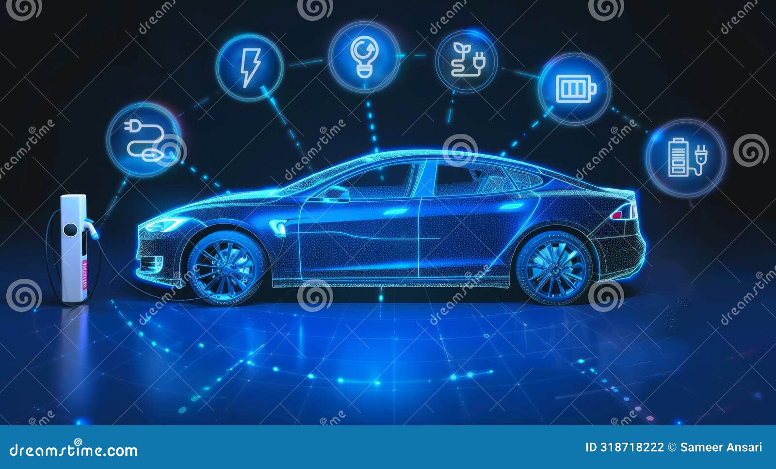 Blue Digital Car Vehicle with EV Icons Stock Illustration ...