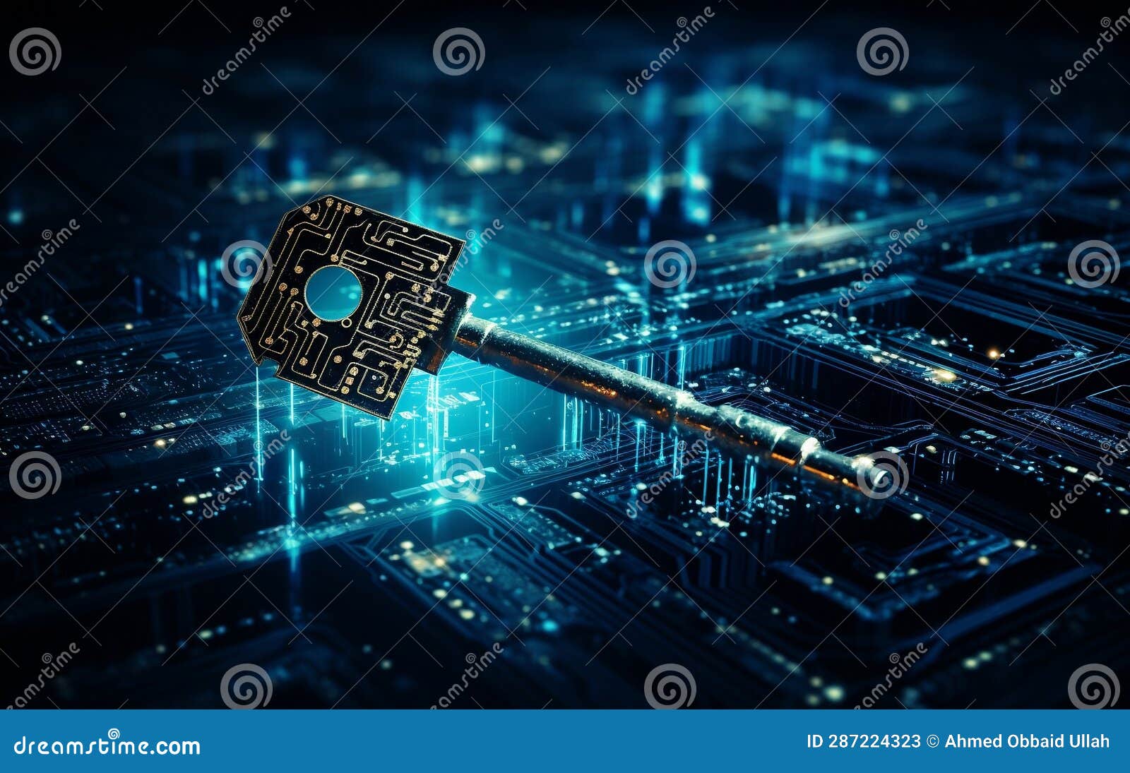 Blue Digital Key on Dark Coding Language. Generative AI Stock ...