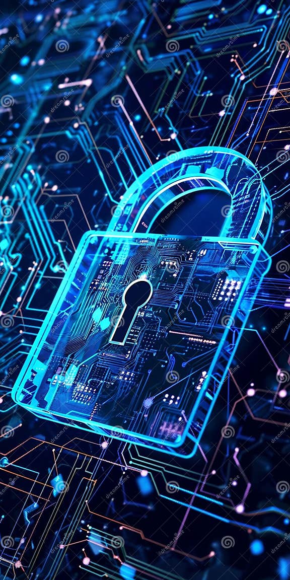 Blue Digital Lock on Circuit Board Pattern Stock Illustration ...