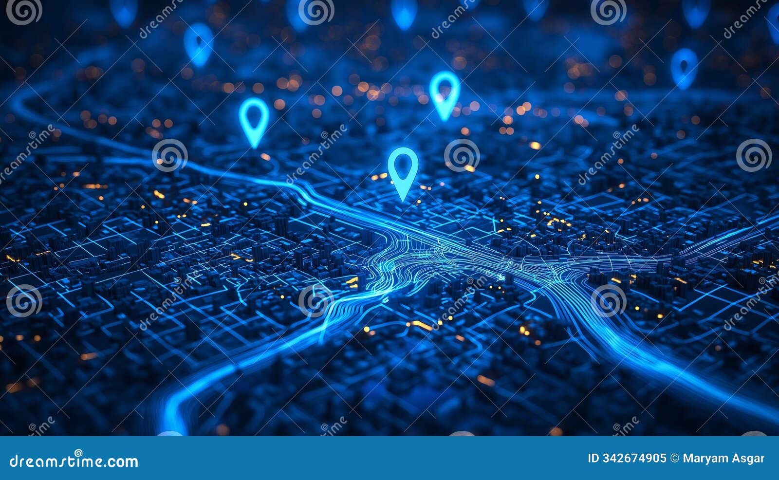 Blue Digital Map with Glowing Pins and Network Wires Stock Illustration ...