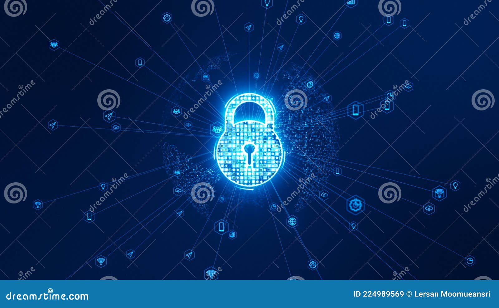 Blue Digital Security Key and Earth Sphere with Line Connection and ...