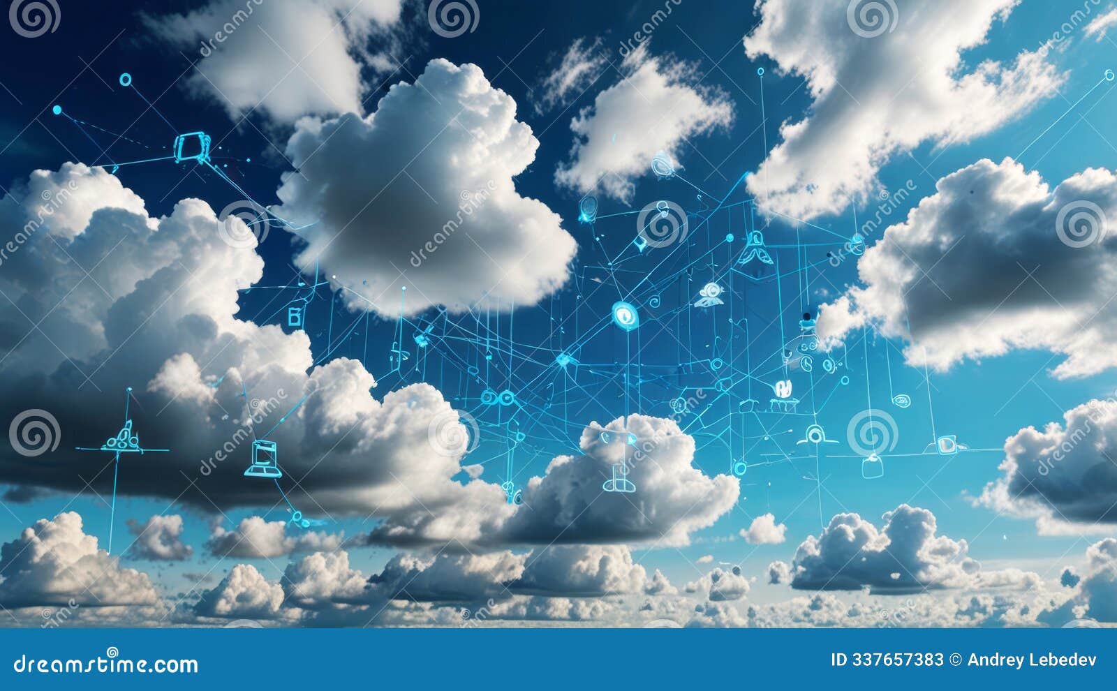 Blue Digital Sky with Platform Logos Interconnected by a Modern Tech ...