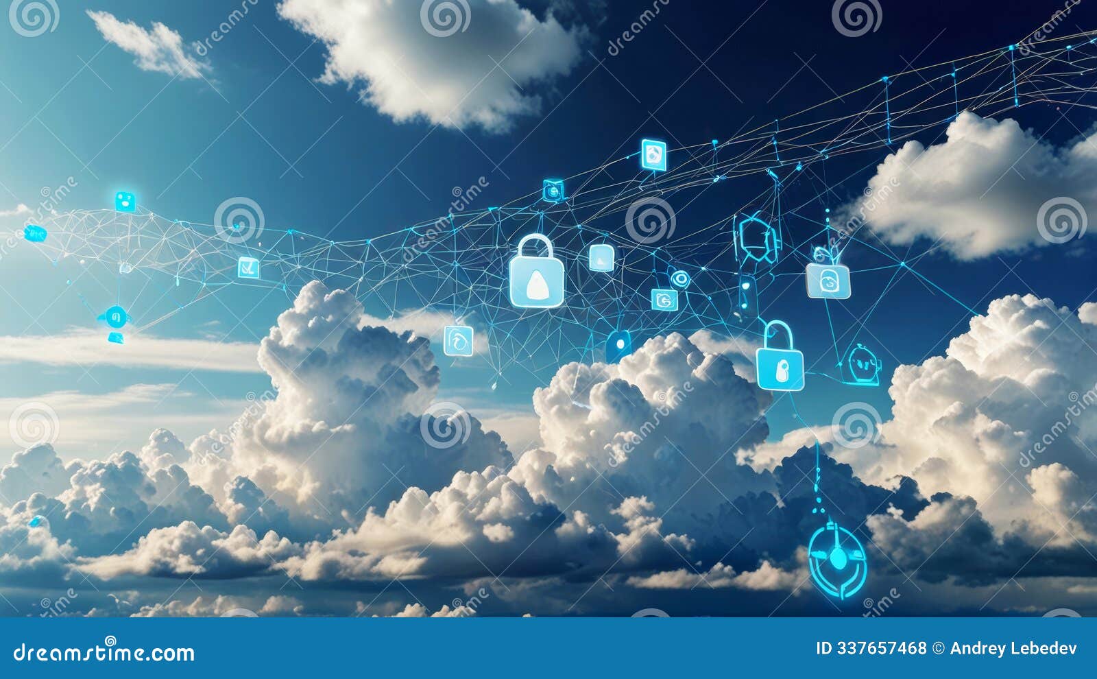 Blue Digital Sky with Platform Logos Interconnected by a Modern Tech ...