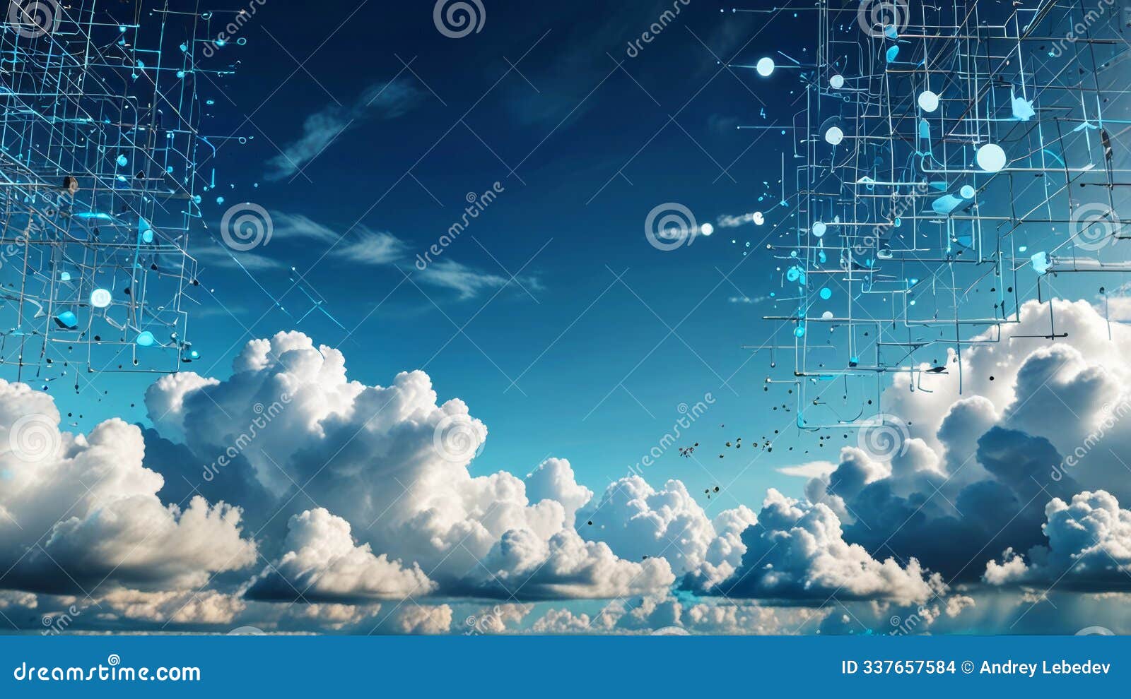 Blue Digital Sky with Platform Logos Interconnected by a Modern Tech ...