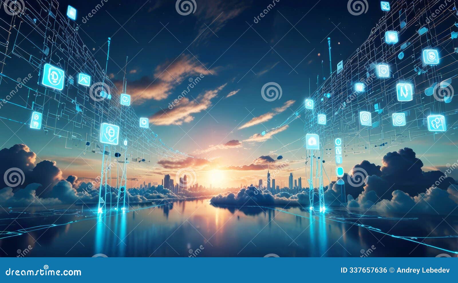 Blue Digital Sky with Platform Logos Interconnected by a Modern Tech ...