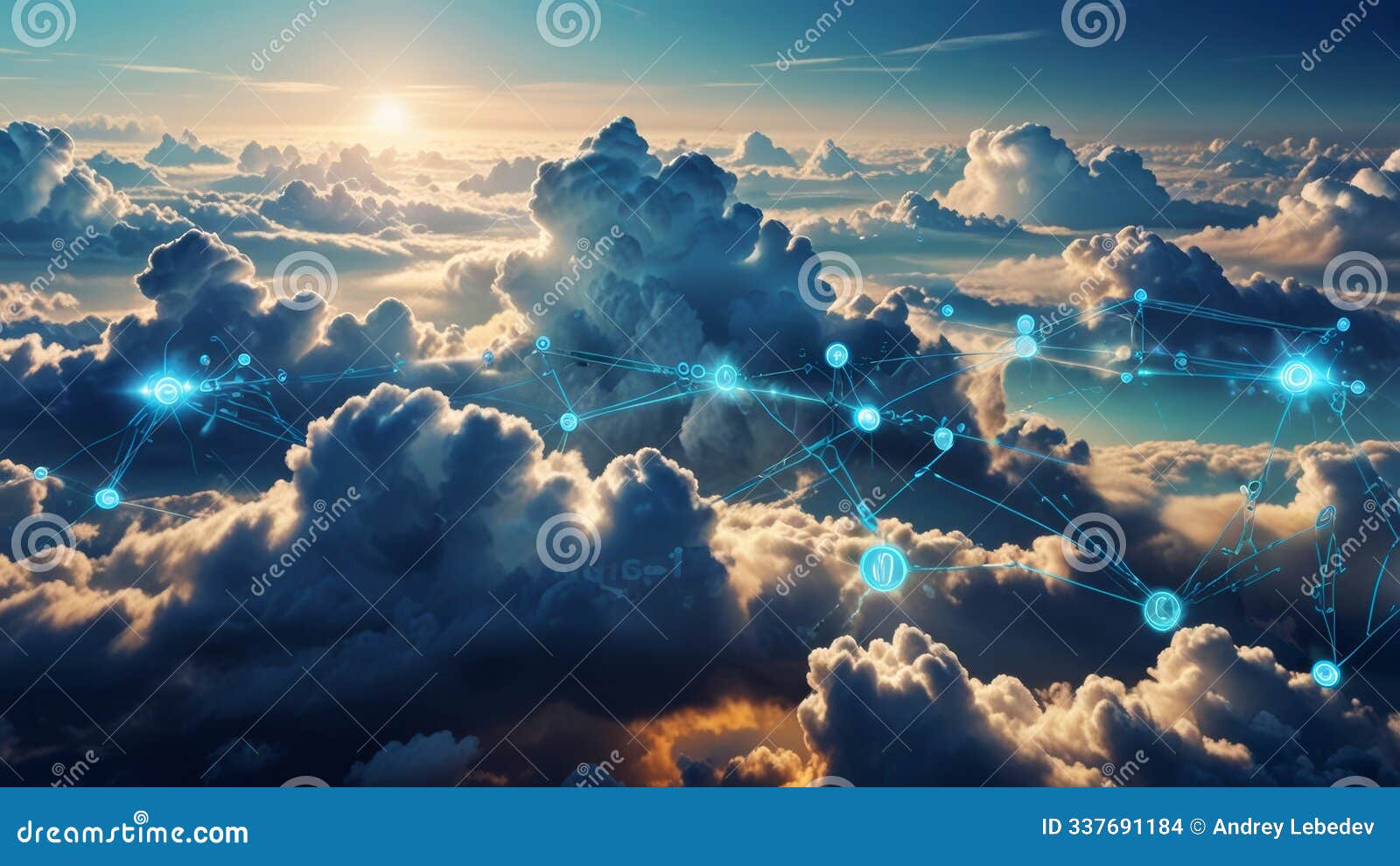 Blue Digital Sky with Platform Logos Interconnected by a Modern Tech ...