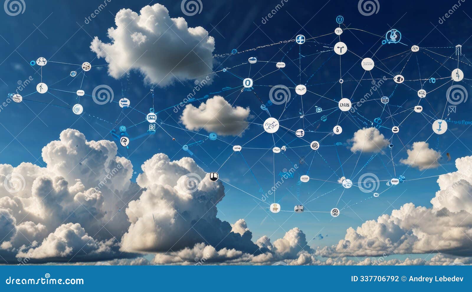 Blue Digital Sky with Platform Logos Interconnected by a Modern Tech ...