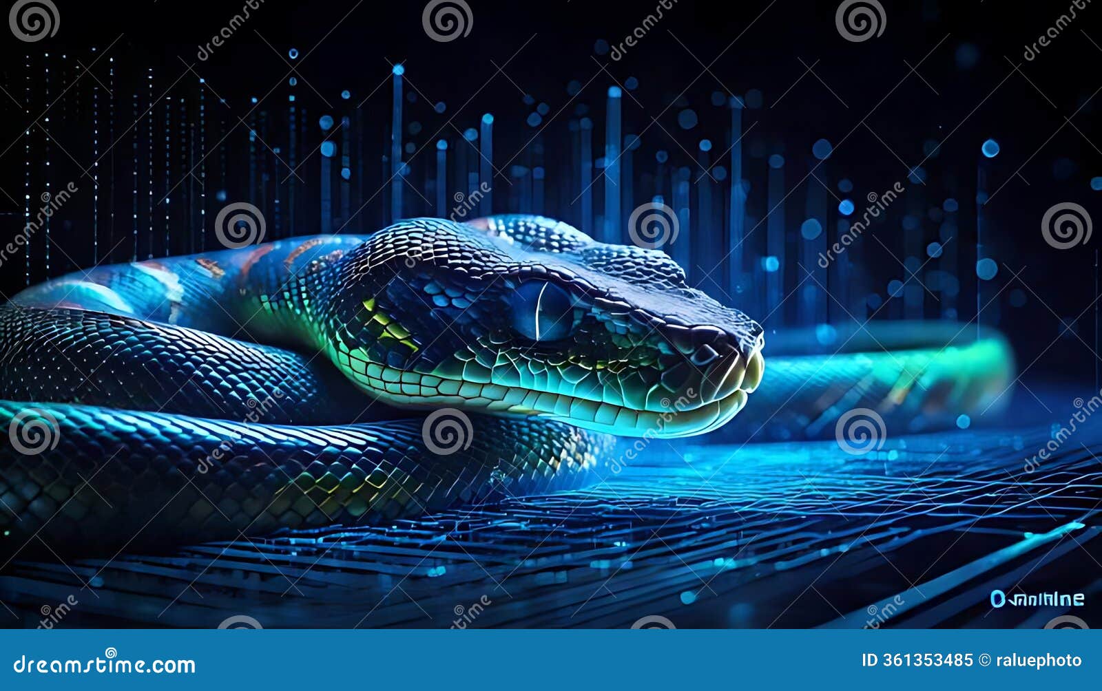 A Blue Digital Snake Rests on Circuits Amidst Floating Neon-blue ...