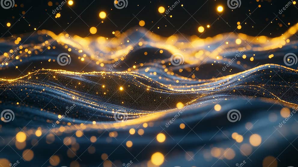 A Blue Digital Wave Background with Radiant Particles and Spheres in an ...