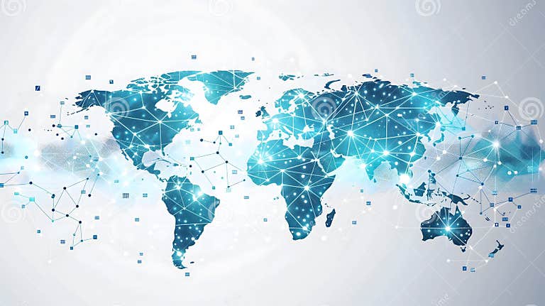 Blue Digital World Map with Global Network Connections and ...