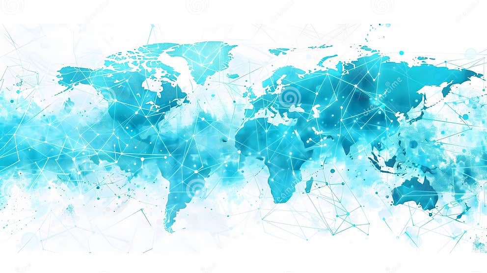 Blue Digital World Map with Global Network Connections and ...